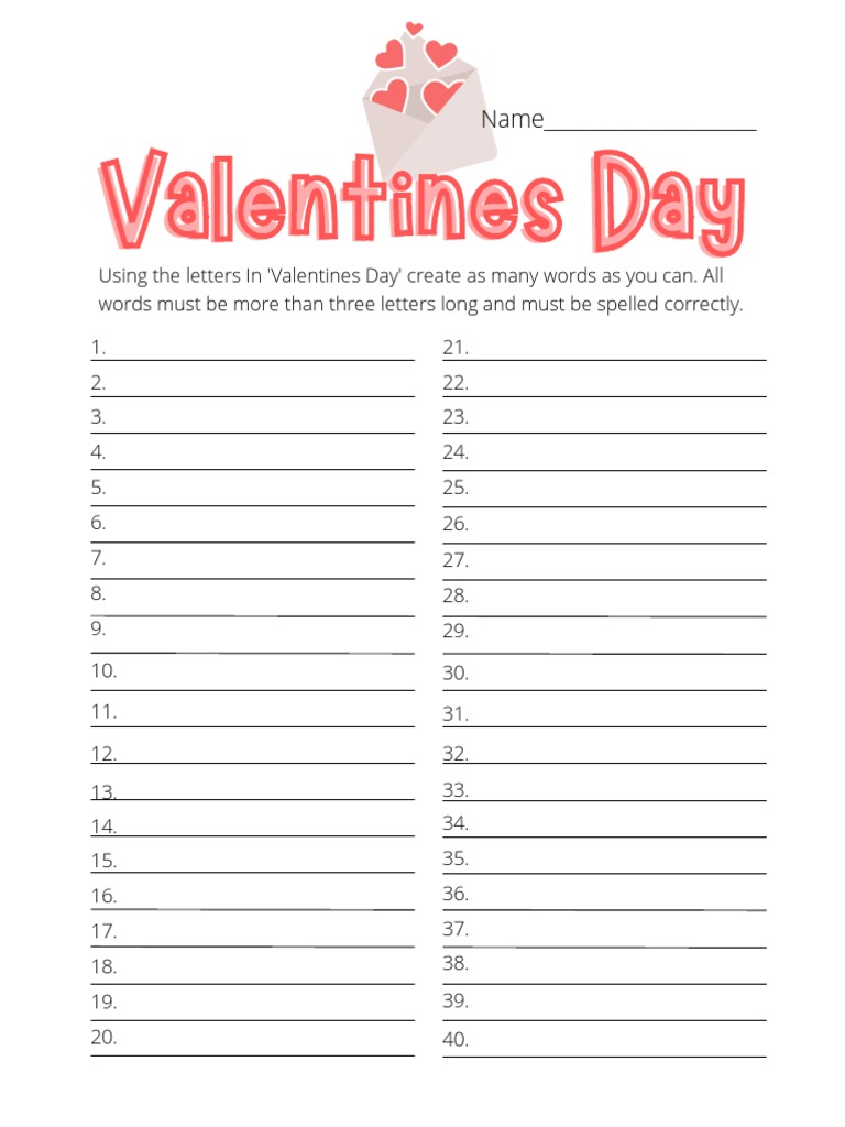 Valentine Day Word List | PDF