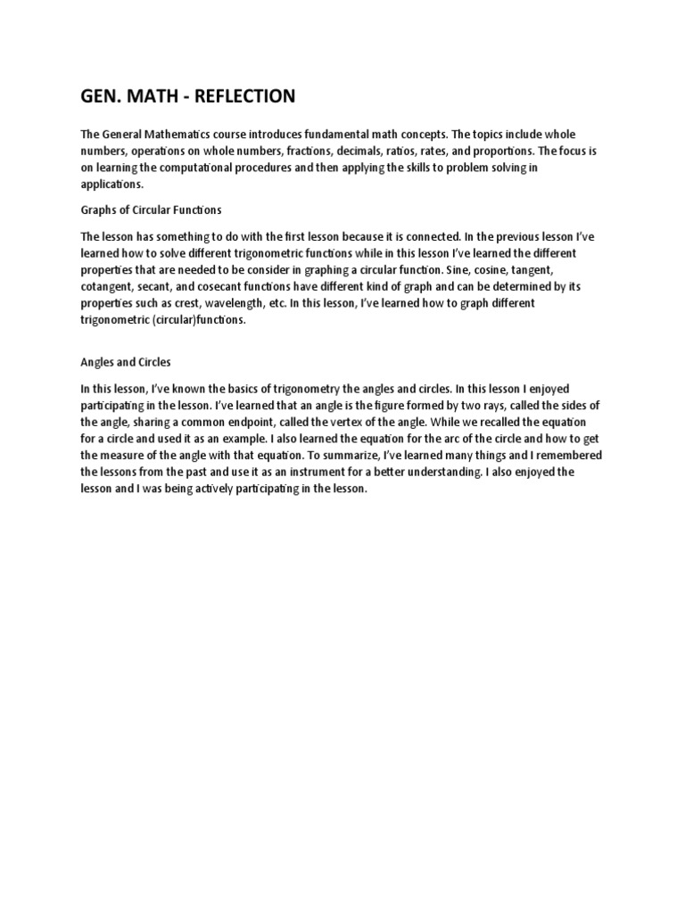 Reflection on General Mathematics Concepts | PDF