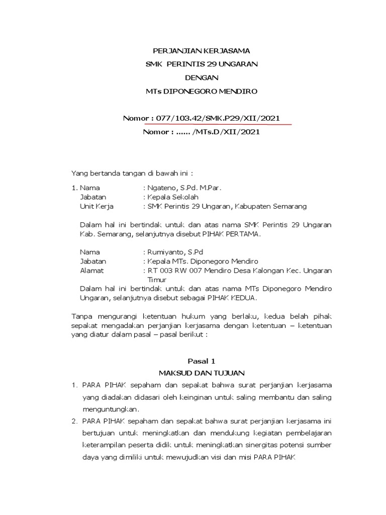 MOU Sekolah Perintis 29 Ungaran Dan MTS Mendiro | PDF