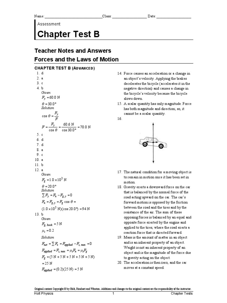 Chapter Test B: Teacher Notes and Answers Forces and The Laws of Motion ...