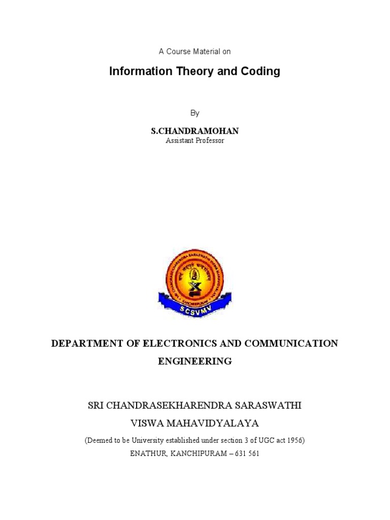 Information T Information Theory and Coding: S.Chandramohan | PDF | Data Compression | Information
