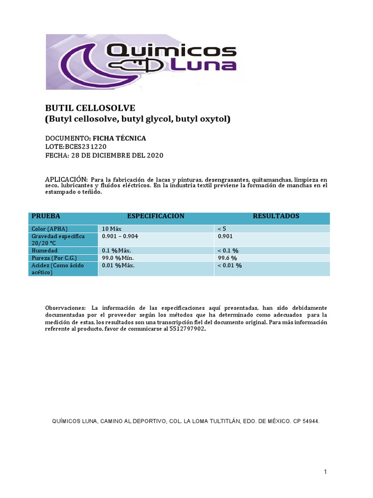 Ficha Tecnica Butil Cellosolve | PDF