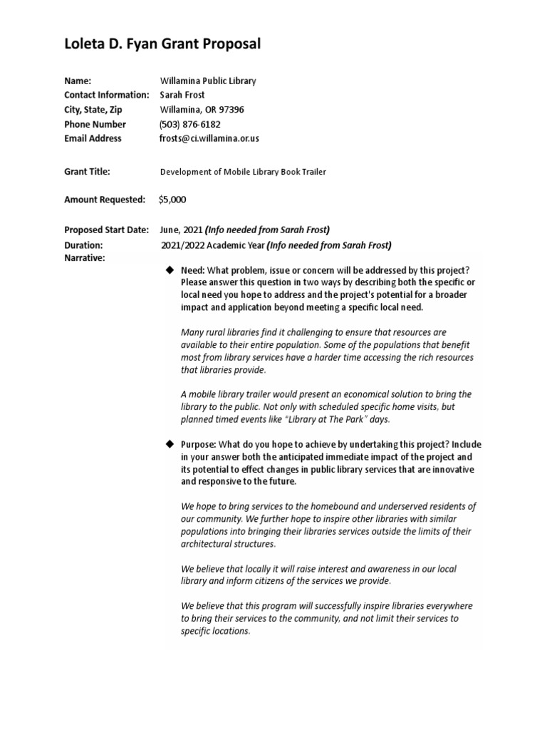 Loleta D Fyan Grant Proposal - Willamina Library | PDF | Libraries ...