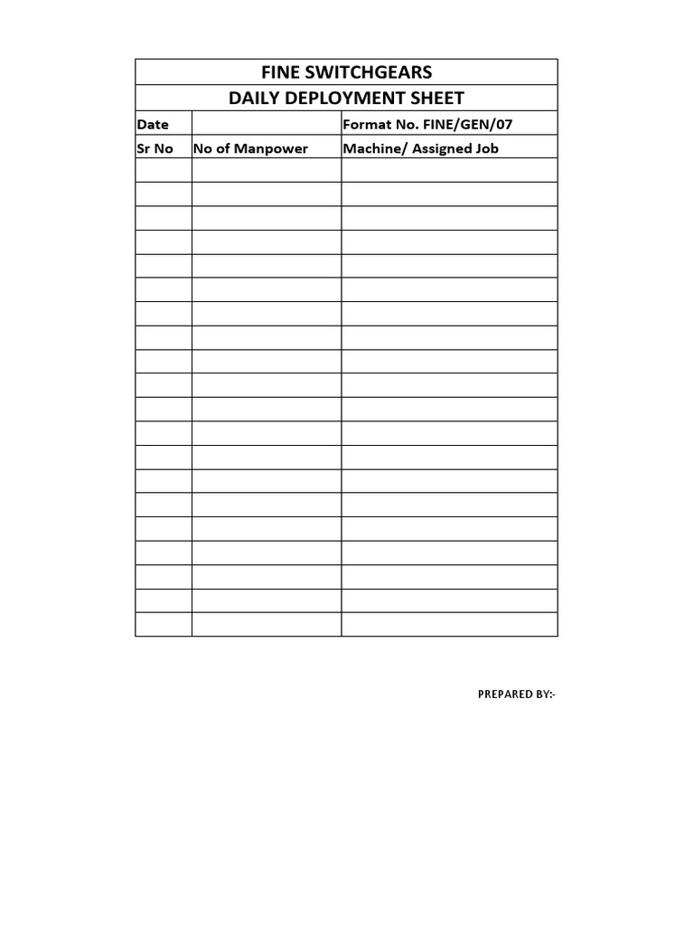 Fine Switchgears Daily Deployment Sheet: Date Format No. FINE/GEN/07 SR ...