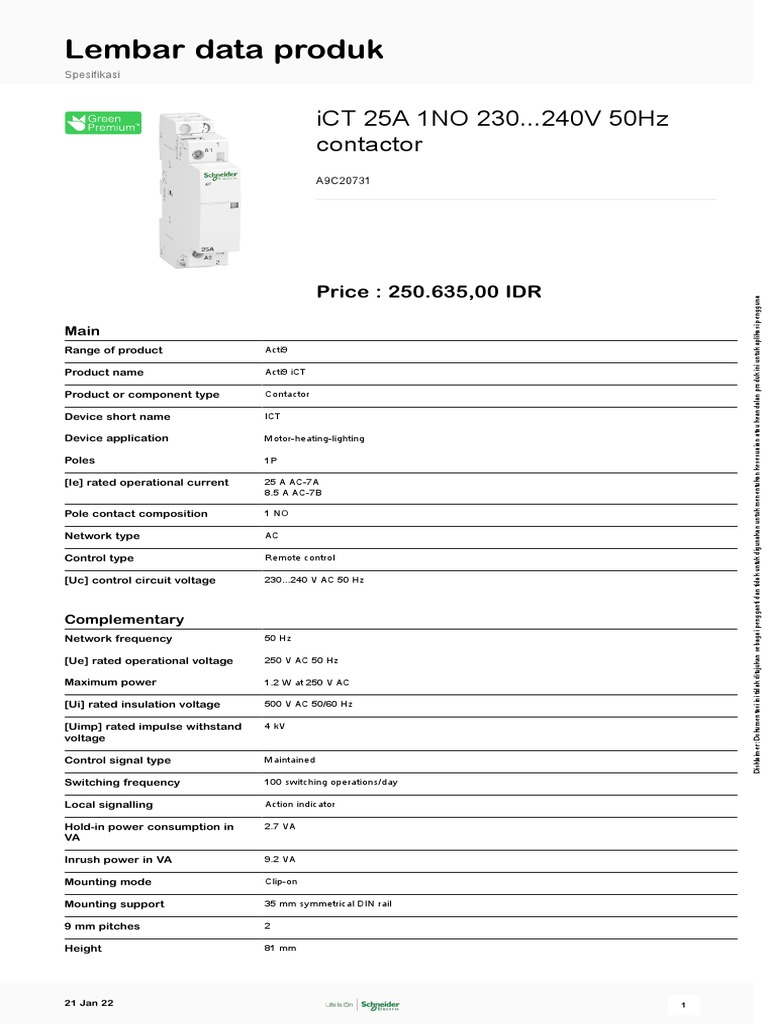 Lembar Data Produk: iCT 25A 1NO 230... 240V 50Hz Contactor | PDF ...