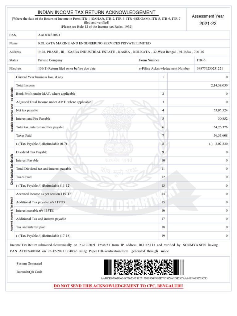 Indian Income Tax Return Acknowledgement 2021-22: Assessment Year | PDF ...