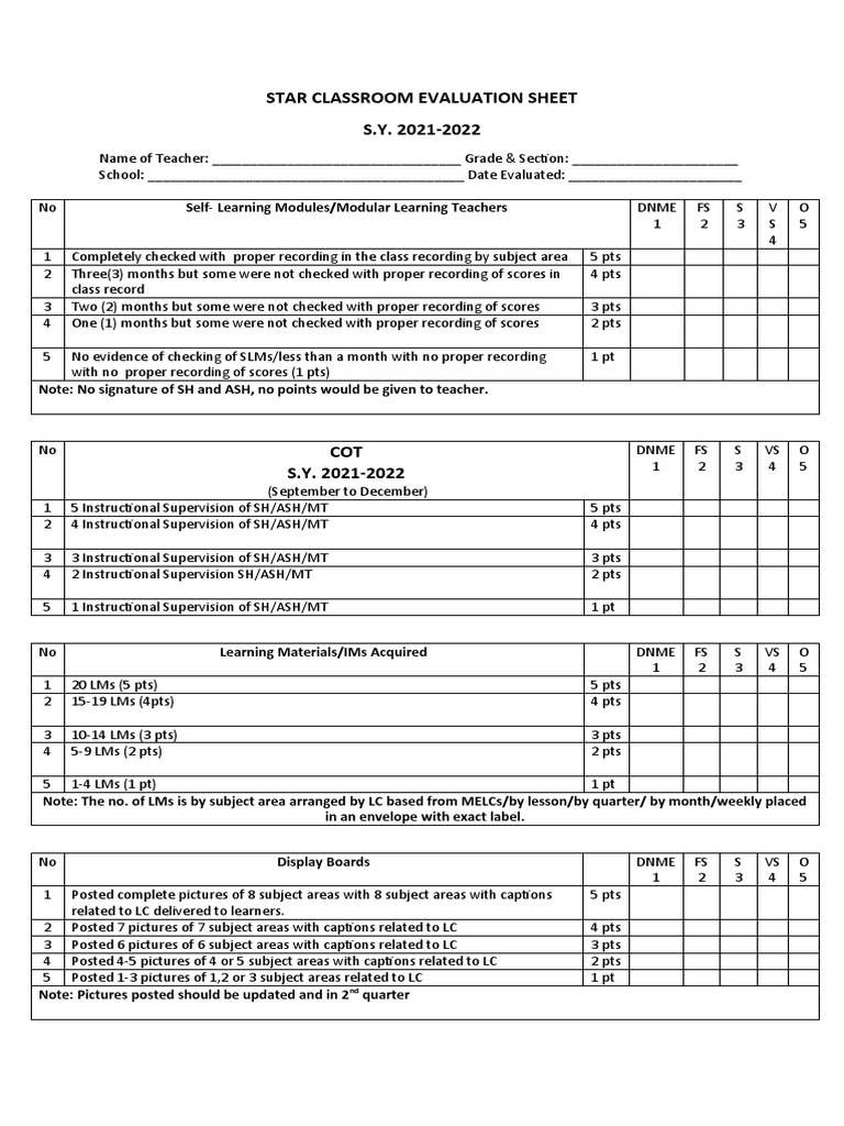 Star Classroom Evaluation Sheet Final | PDF | Pedagogy | Behavior Modification