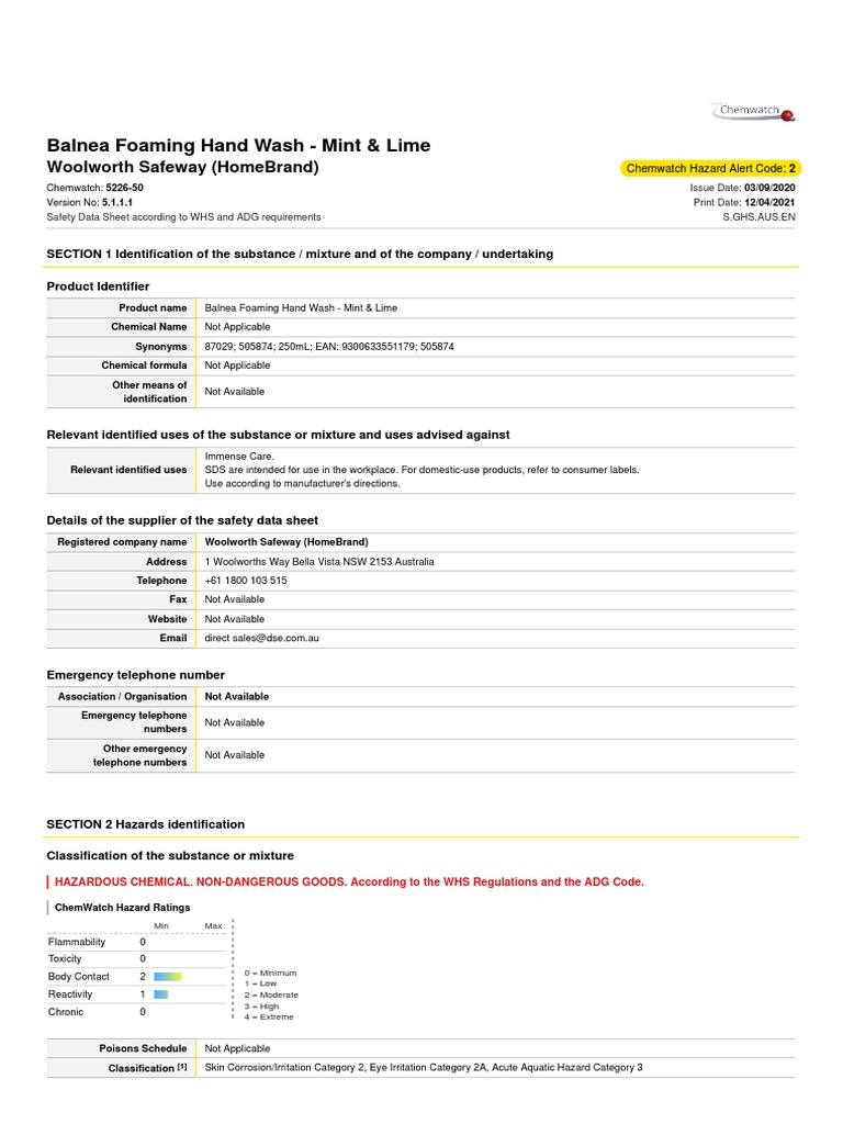 Balnea Foaming Hand Wash | PDF | Toxicity | Firefighting
