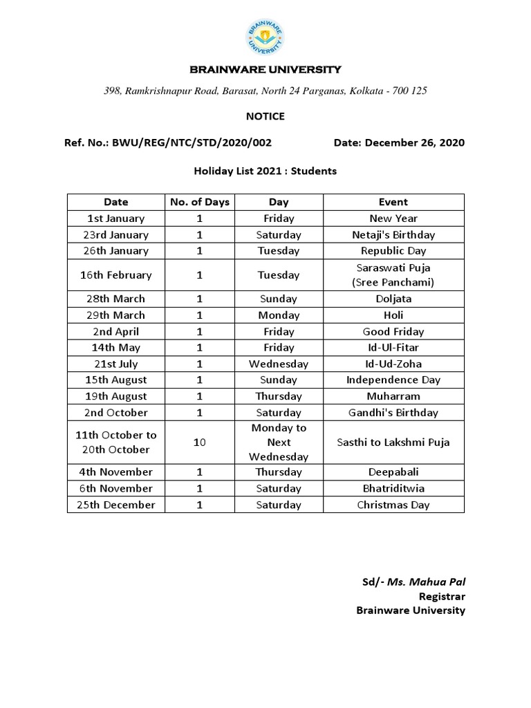Brainware University 2021 Holiday List | PDF