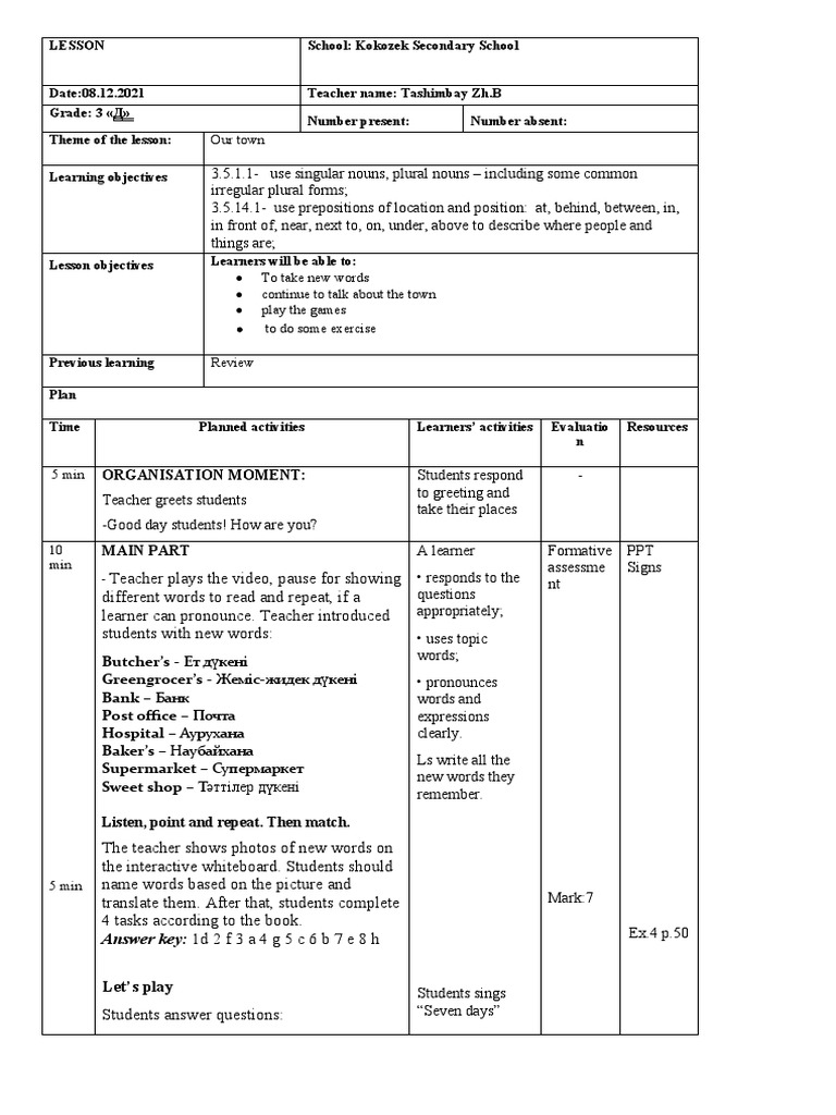 Our Town: Answer Key: 1d 2 F 3 A 4 G 5 C 6 B 7 e 8 H | PDF | Teachers ...