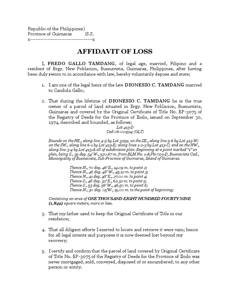Affidavit of Loss - Land Title | Download Free PDF | Affidavit | Civil ...