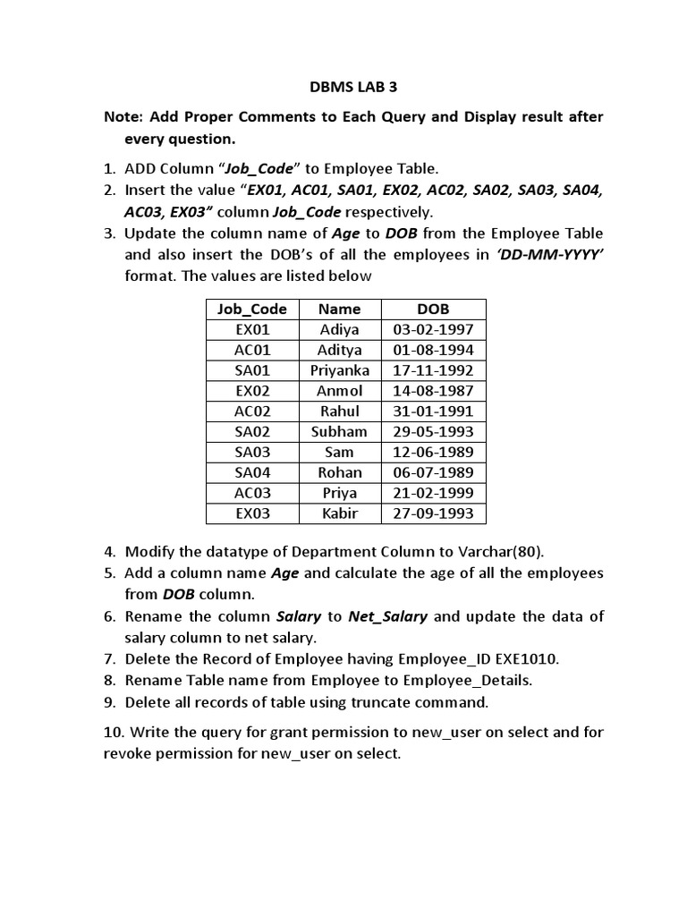 Dbms Lab 3 Every Question.: AC03, EX03" Column Job - Code Respectively | PDF | Technology ...
