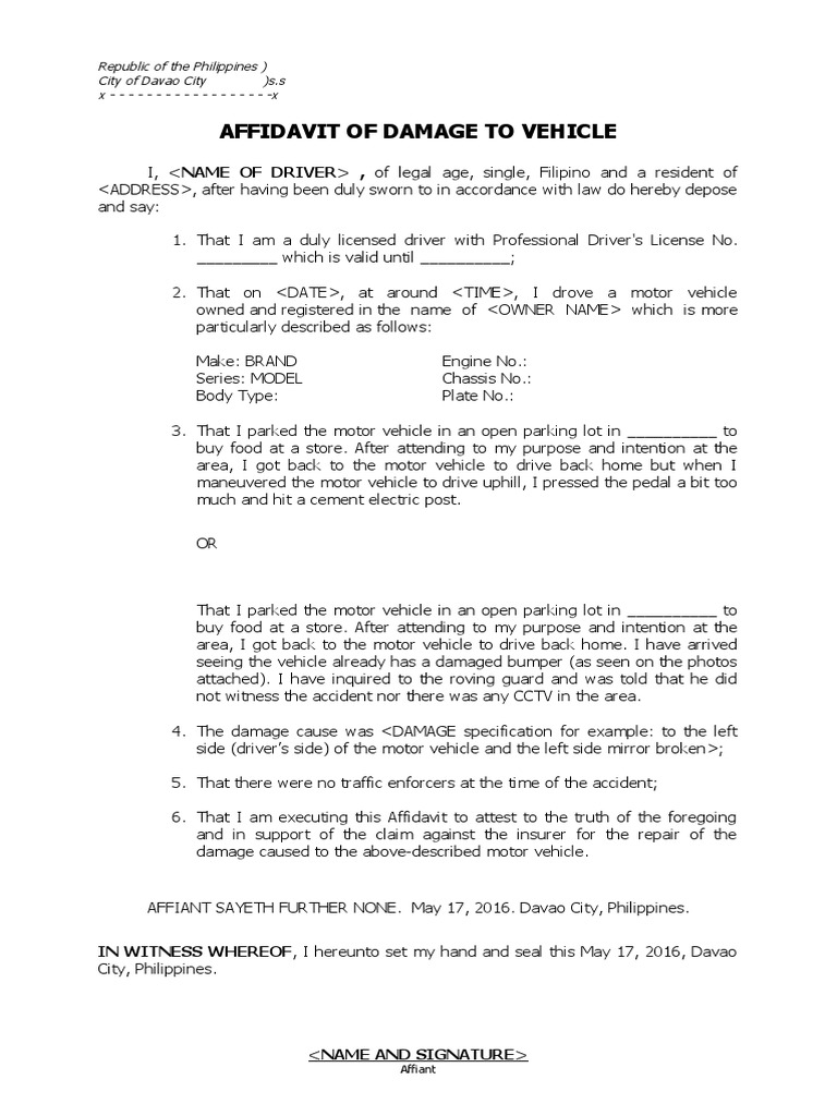 Affidavit of Damage To Vehicle | PDF | Affidavit | Manufactured Goods