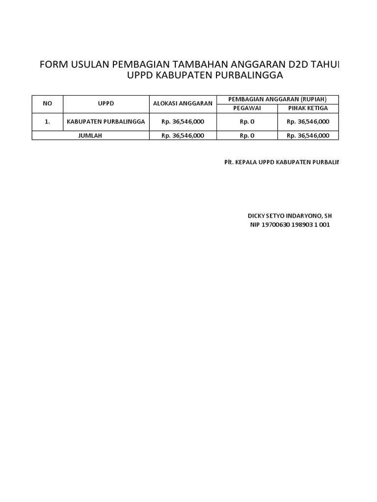 Form Usulan Anggaran d2d Uppd Kabupaten Purbalingga | PDF