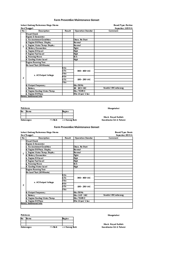 Form Preventive Maintenance Genset: No Description Result Operation ...
