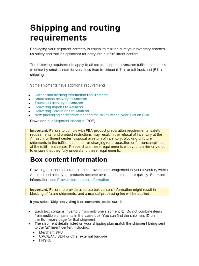 Shipping and Routing Requirements: Box Content Information | PDF ...