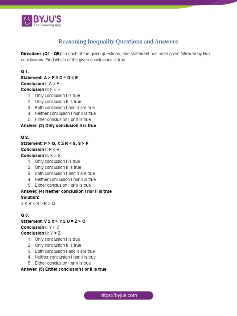 Reasoning Inequality Questions and Answers | PDF | Reasoning | Logic