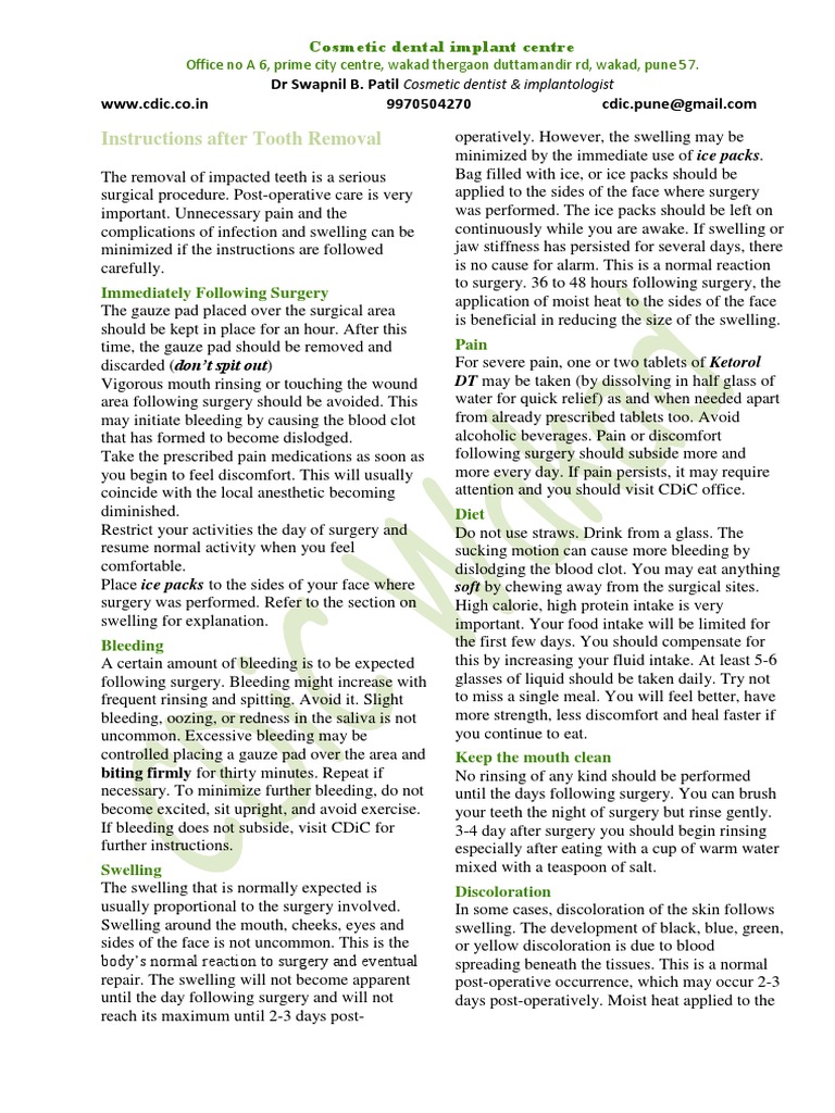 Instructions After Tooth Removal | PDF | Surgery | Medical Specialties