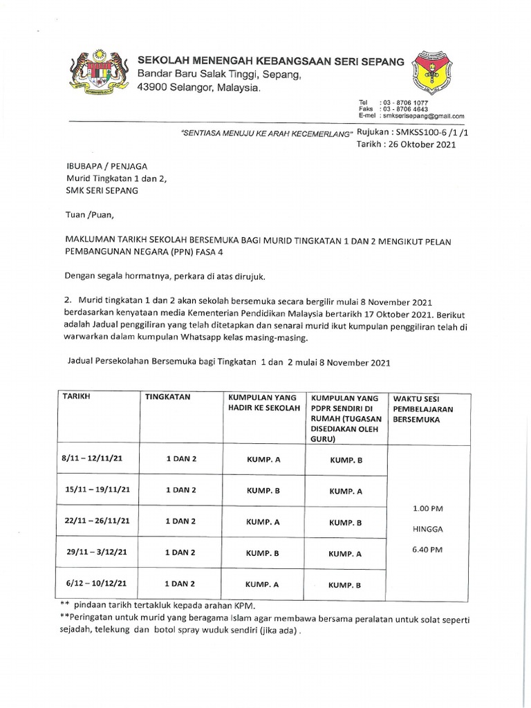 Surat Makluman Sesi Persekolahan Form 1&2 | PDF