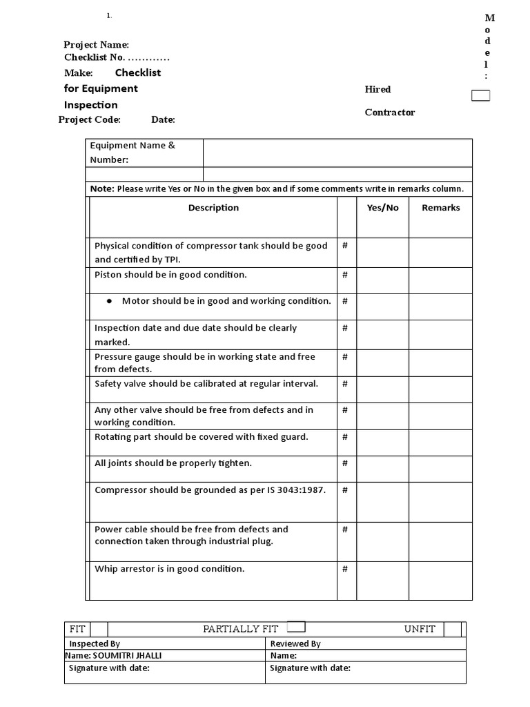 Checklist For Equipment Inspection Air Compressor | PDF