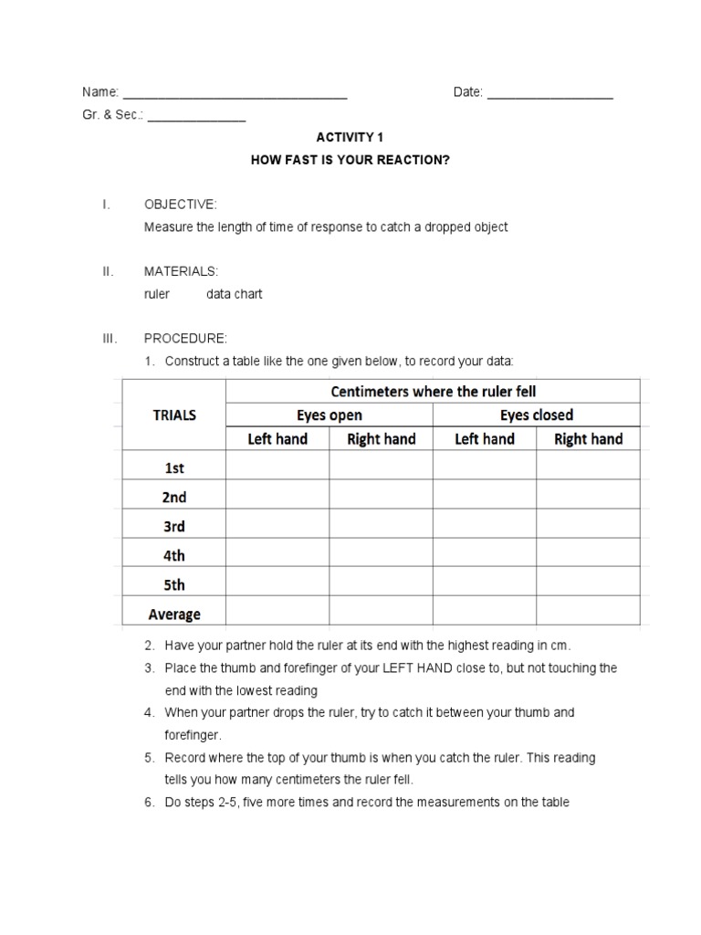 Measuring Reaction Time Activity | PDF