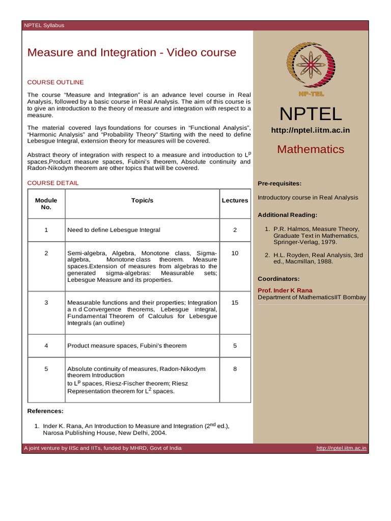 Nptel: Measure and Integration - Video Course | PDF | Integral ...