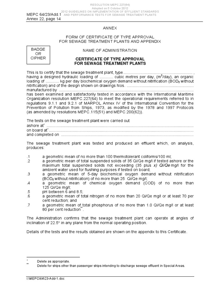 Mepc 227 64 STP Type Approval Certificate | PDF | Sewage Treatment ...