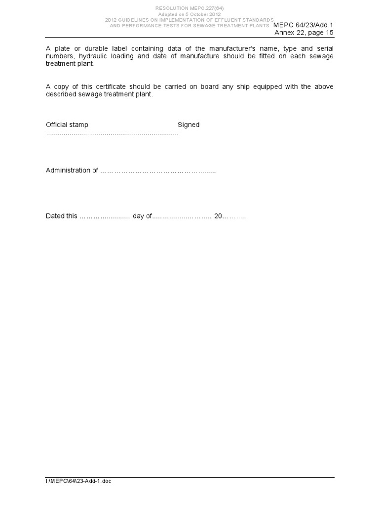 Mepc 227 64 STP Testing | PDF | Sewage Treatment | Water And The ...