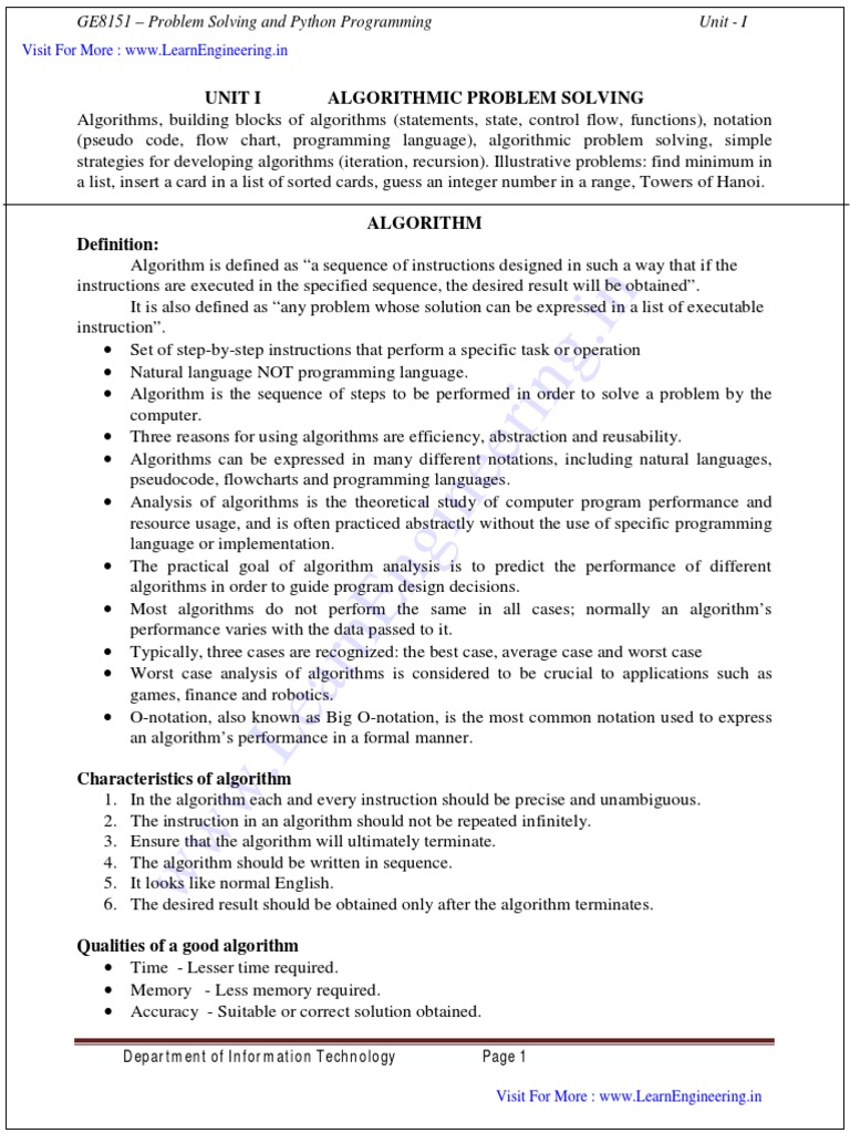GE8151 Problem Solving and Python Programming - 03 - by LearnEngineering - in | PDF | Algorithms ...