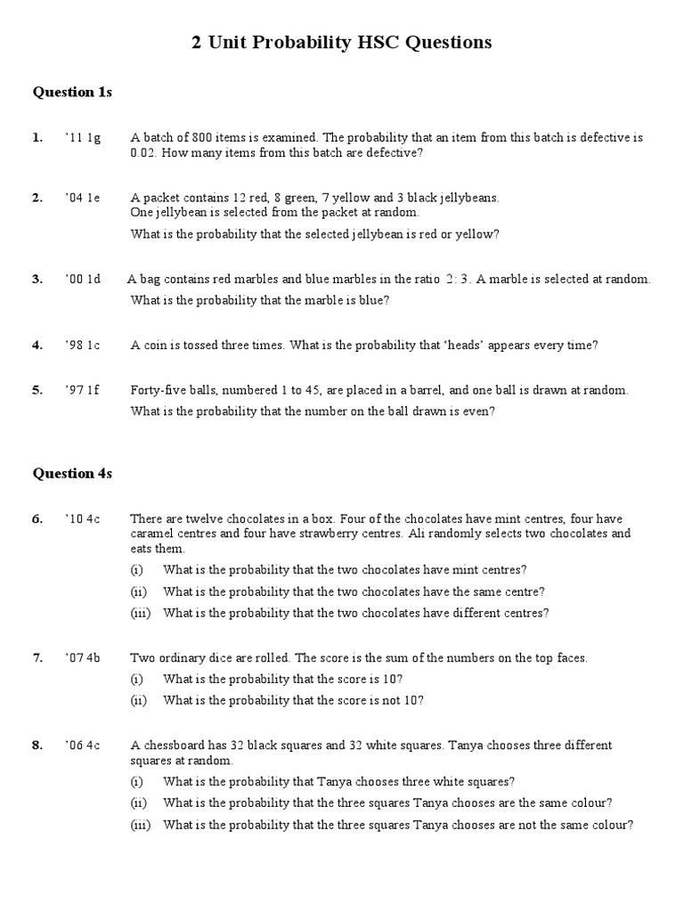 2 Unit Probability HSC Questions: Question 1s | PDF | Probability | Dice