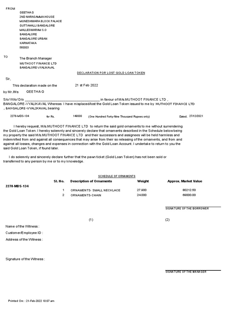Declaration For Lost Gold Loan Token: Description of Ornaments Weight ...