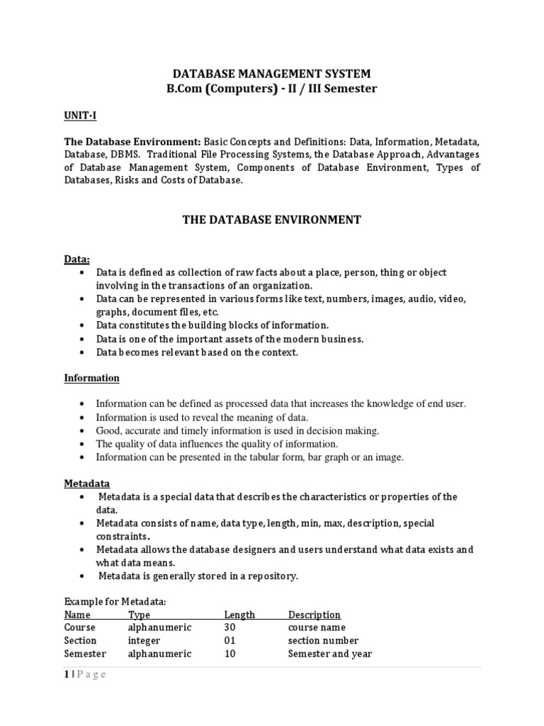 Database Management System: Unit-I The Database Environment: Basic Concepts and Definitions ...