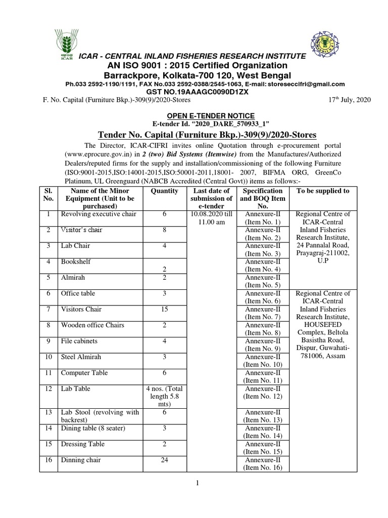 E-Tender for Furniture Supply at ICAR-CIFRI | PDF | Chair | Door