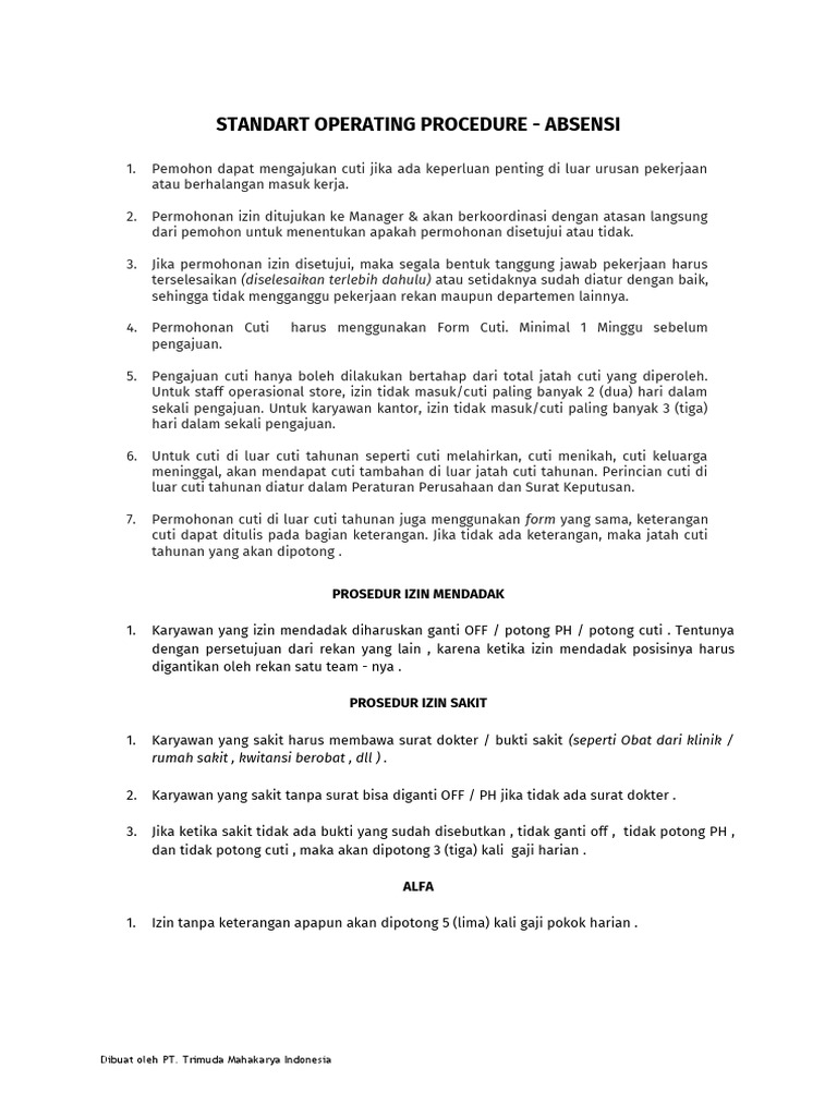 Prosedur Absen dan Cuti Karyawan | PDF | Pengelolaan Keuangan & Uang