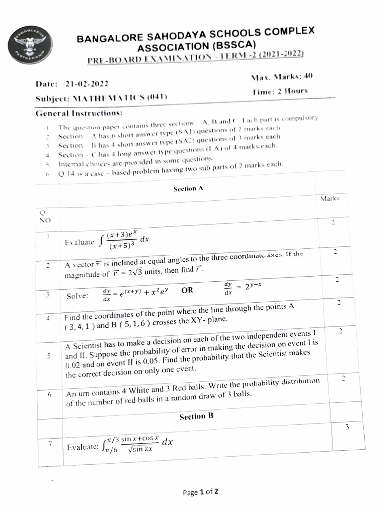 Bangalore Sahodaya Math Class 12 | PDF | Cartesian Coordinate System ...