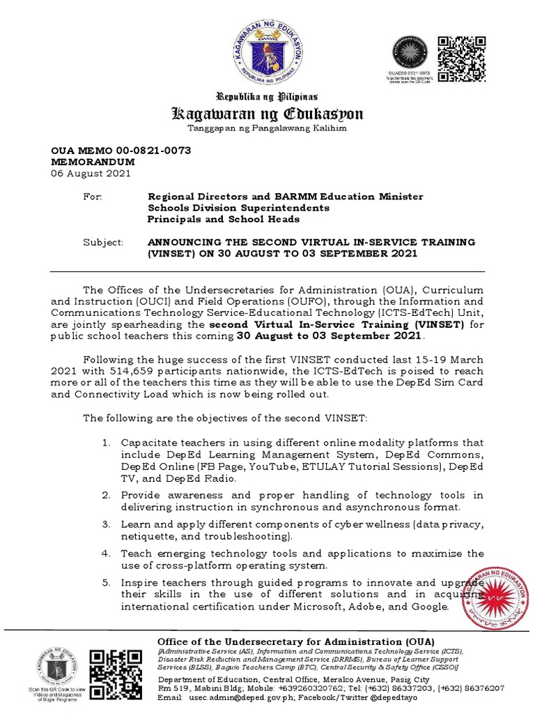 Kagawaran NG Edukasyon: OUA MEMO 00-0821-0073 Memorandum | PDF | Computing