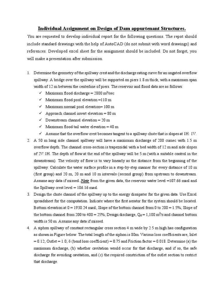 Assignments-Design of Dam Appurtenant Structures-2022 | PDF | Spillway ...