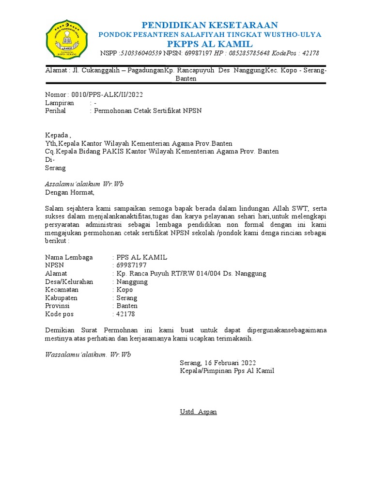 Permohonan Cetak Sertifikat NPSN 2024 | PDF