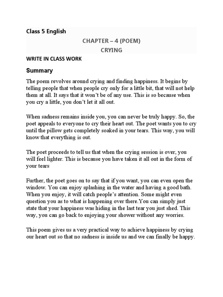 Class 5 English: Chapter - 4 (Poem) Crying | PDF