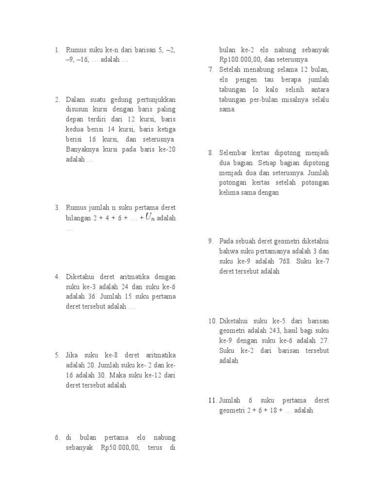 Soal Barisan Dan Deret Kelas 11 | PDF