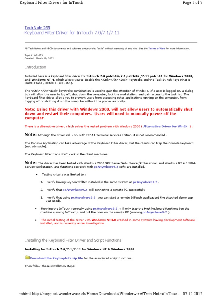 Keyboard Filter Driver For Intouch 7.0/7.1/7.11: Tech Note 255 | PDF ...