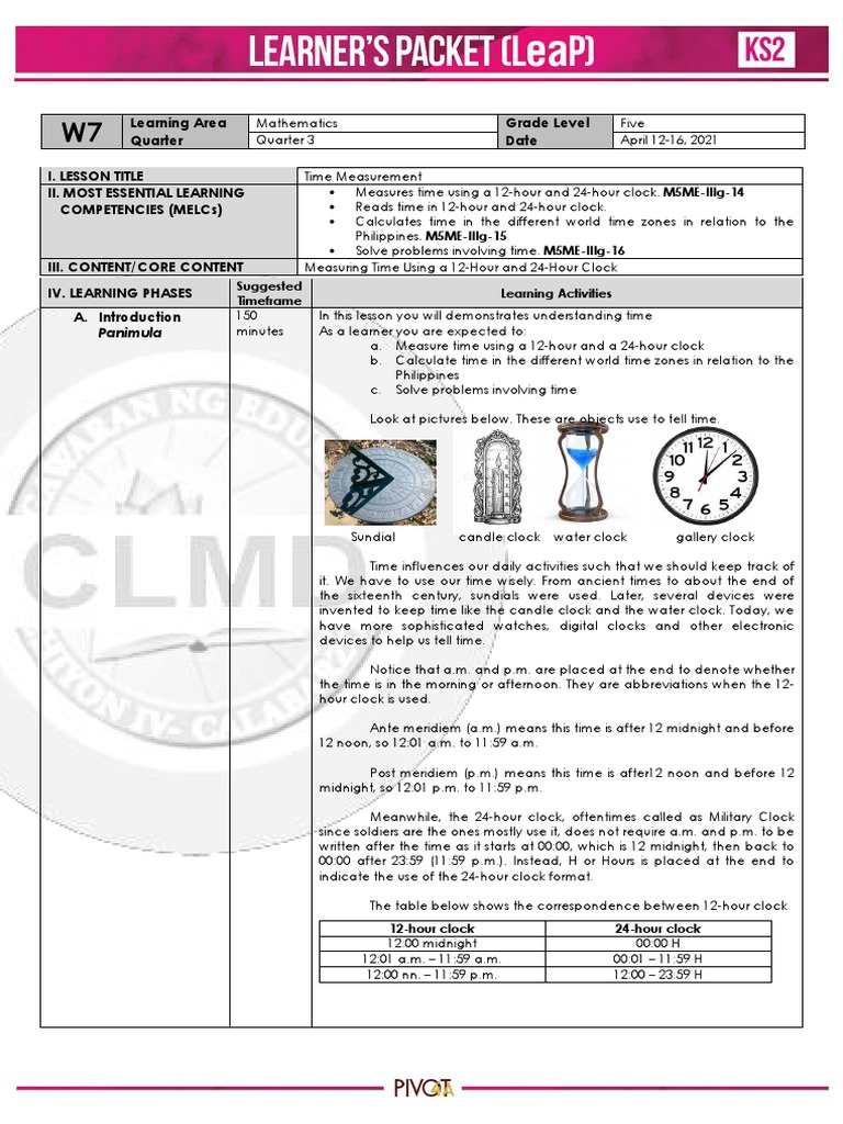 LeaP Math G5 Week 7 Q3 | PDF | Time | Clock