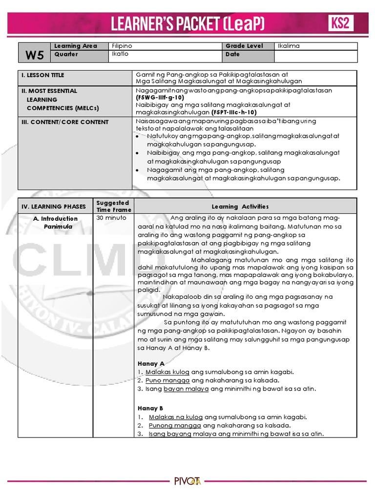 LeaP Filipino G5 Week 5 Q3 | PDF