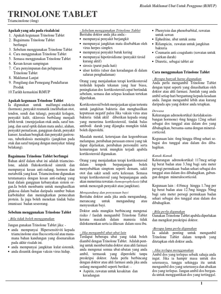 Trinolone Tablet Triamcinolone SUNWARD PHARMACEUTICAL SDN BHD 31dec2015 ...