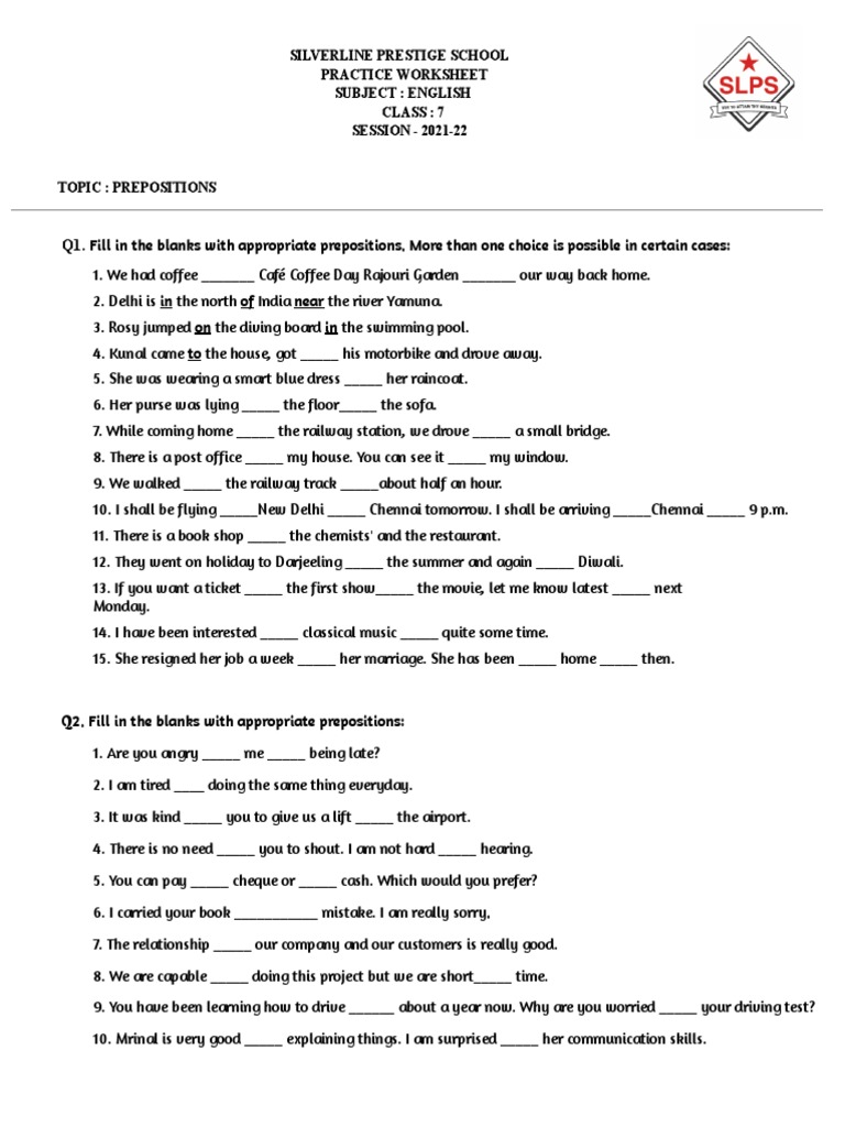 Class 7 Prepositions Practice Worksheet | PDF