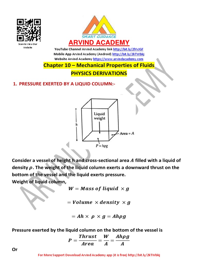 Arvind Academy: Chapter 10 - Mechanical Properties of Fluids Physics Derivations | Download Free ...