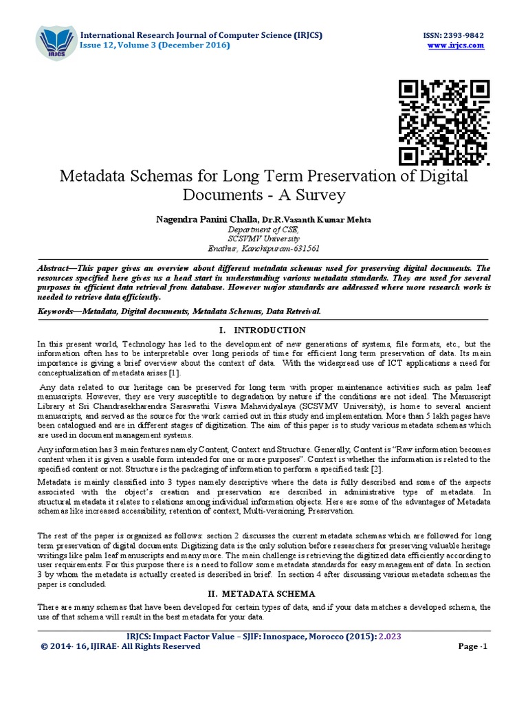 Metadata Schemas For Long Term Preservation of Digital Documents - A Survey | PDF | Metadata ...