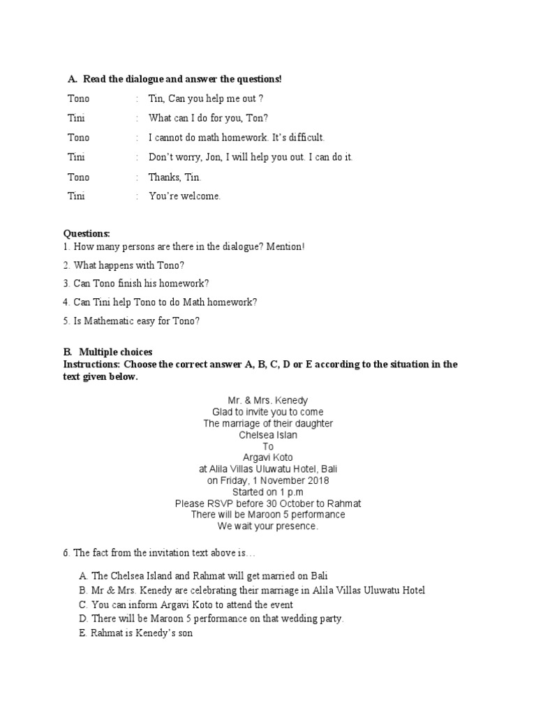A. Read The Dialogue and Answer The Questions! | PDF | Linguistics ...