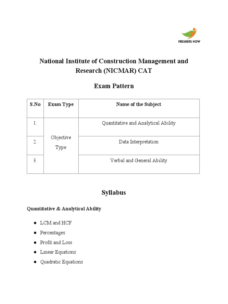 National Institute of Construction Management and Research (NICMAR) CAT ...