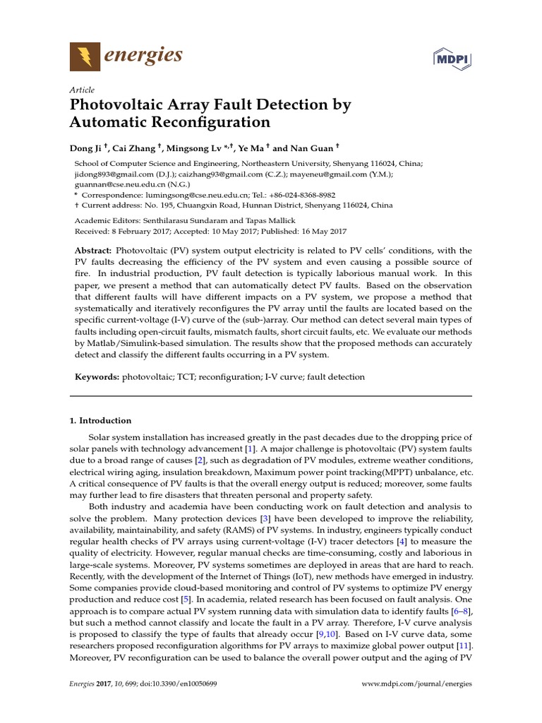 Energies Photovoltaic Array Fault Detection By Automatic Reconfiguration Pdf Photovoltaics